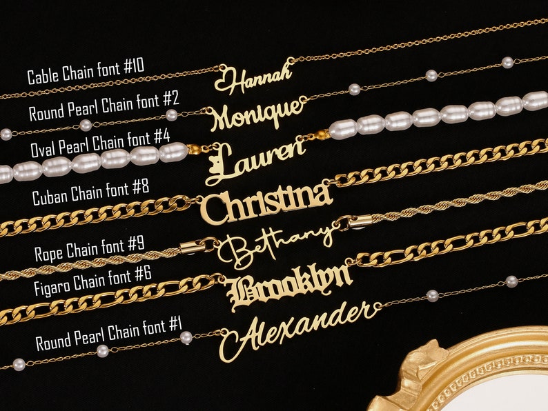 Personalized Pearl Chain Name Necklace: Custom 18K Gold Cursive Pendant ...
