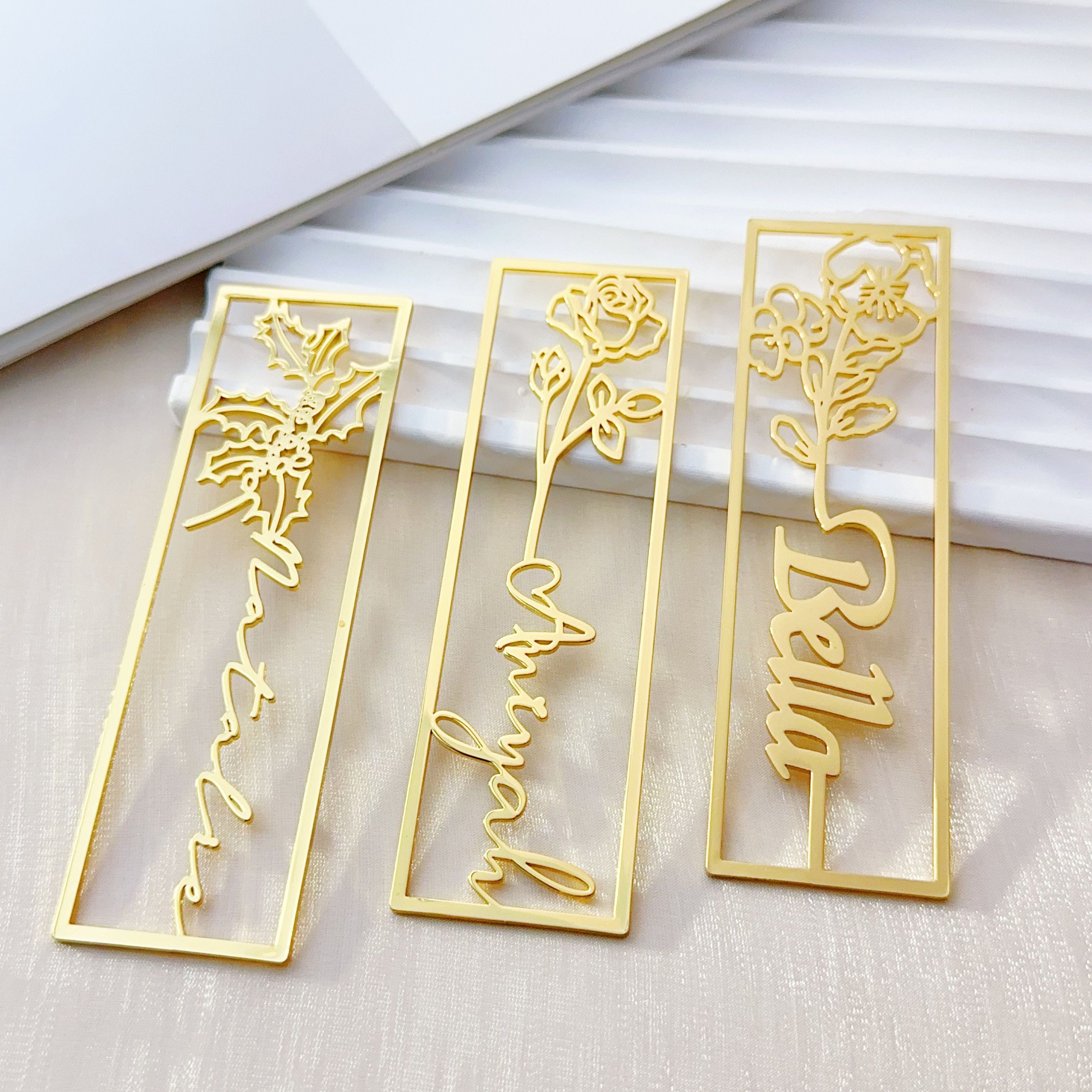 Custom Birth Flower Bookmark, Personalized Name, Gold Silver Rose - Etsy