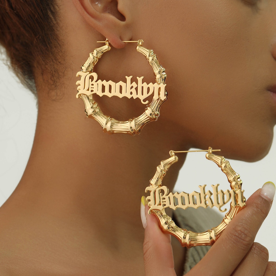 Custom Name Bamboo Hoop Earrings: Old English Nameplate, Stainless ...
