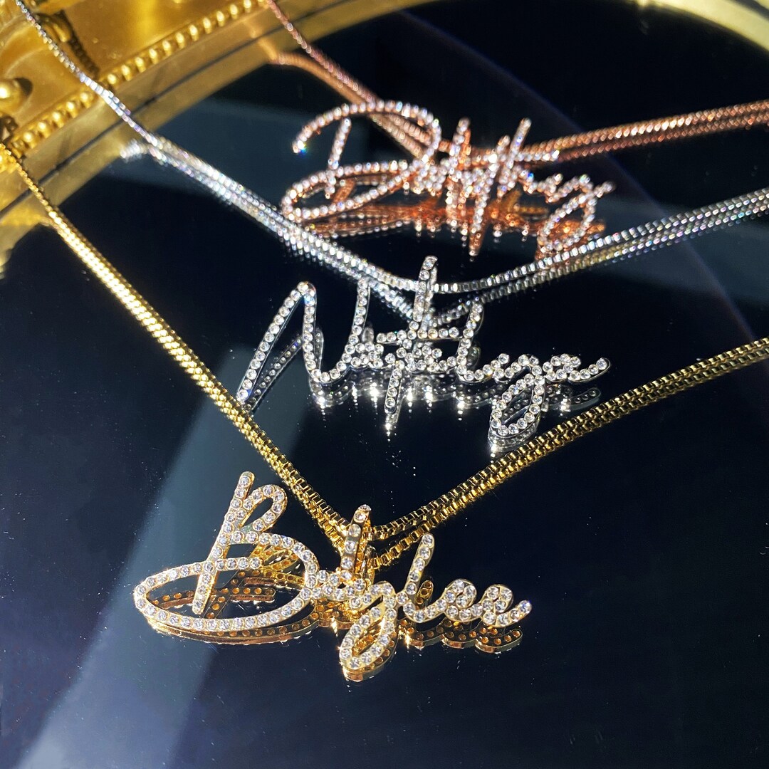 Big Diamond Neckalce, Script Diamond Name Necklace, Personalized Necklace, Name Plate Neckalce ...