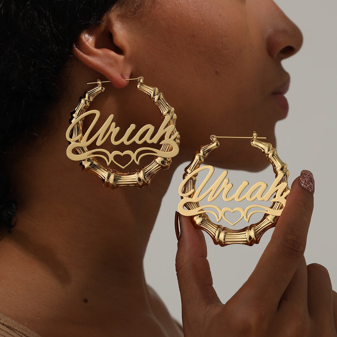 Personalized Name Earrings, Custom Name Bamboo Earrings, Heart Name ...