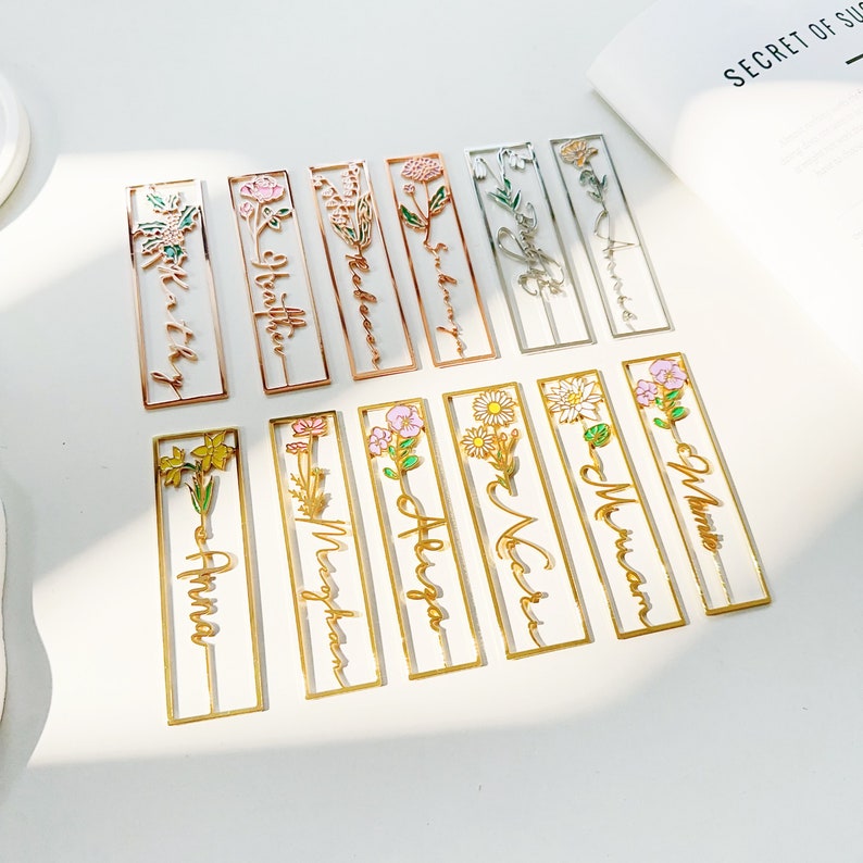 Personalized Birth Flower Bookmark: Stainless Steel Custom Name Gift - Etsy