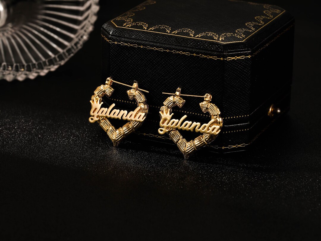 Child Heart Name Bamboo Hoop Earrings | Personalized Nameplate Earrings ...