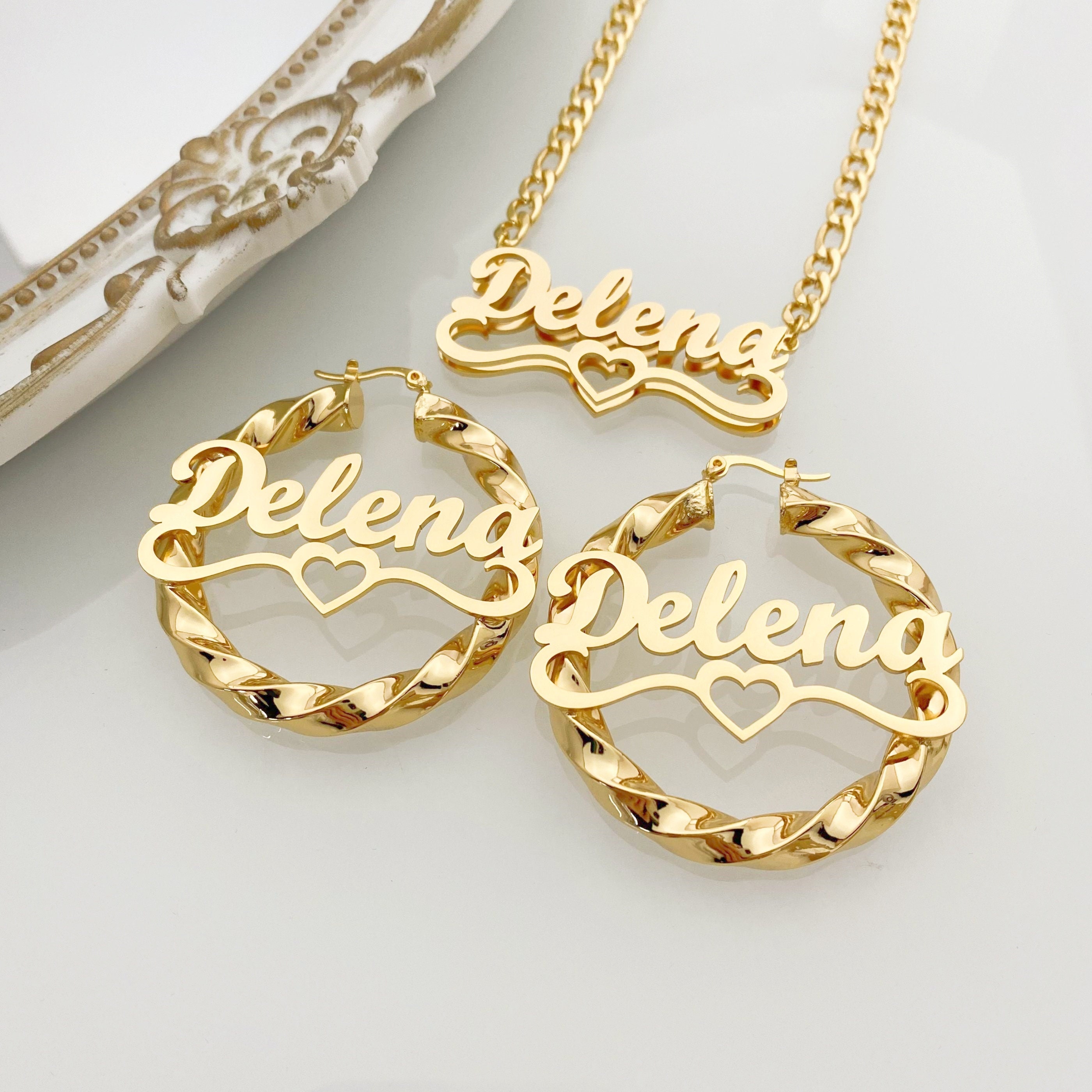 Lidiary Dainty Name Jewelry Set Double Name Plate Necklace Personalized Necklace Gold Name Hoops Kids Earrings Hoops Custom Name Jewelrty Gifts