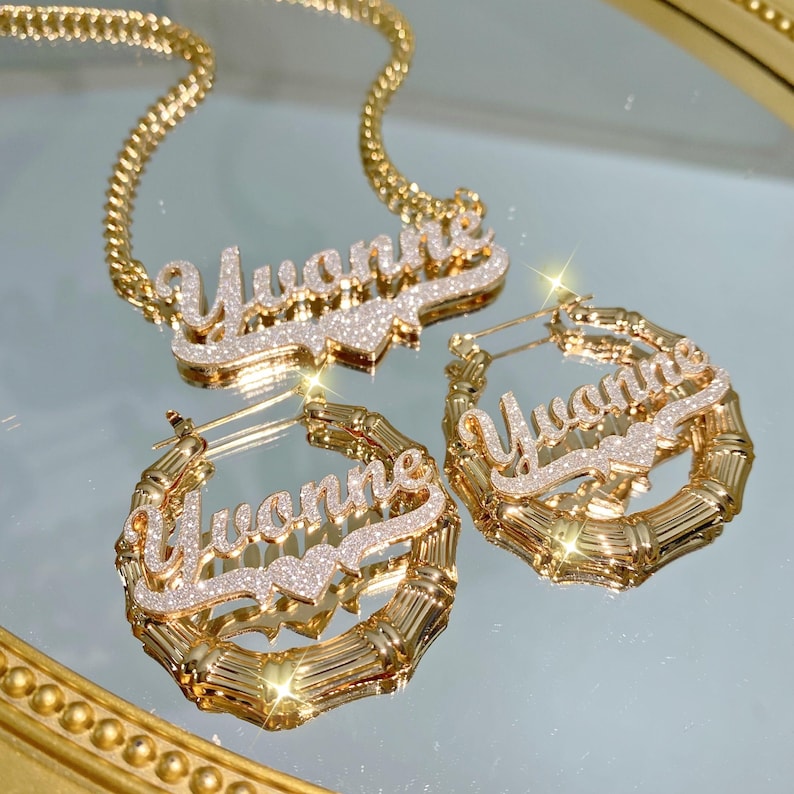 Custom Name Bamboo Earrings & Heart Necklace Set: Personalized Jewelry ...