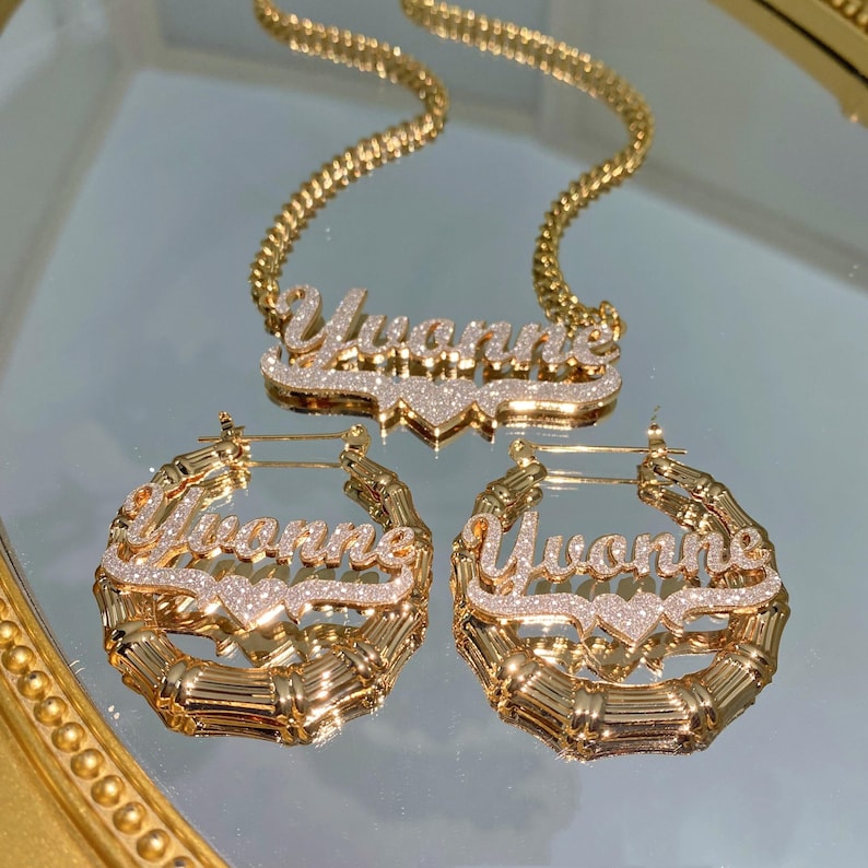 Custom Name Bamboo Earrings & Heart Necklace Set: Personalized Jewelry ...