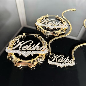 Custom Name Bamboo Hoop Earrings & Necklace Set: Personalized Bling ...
