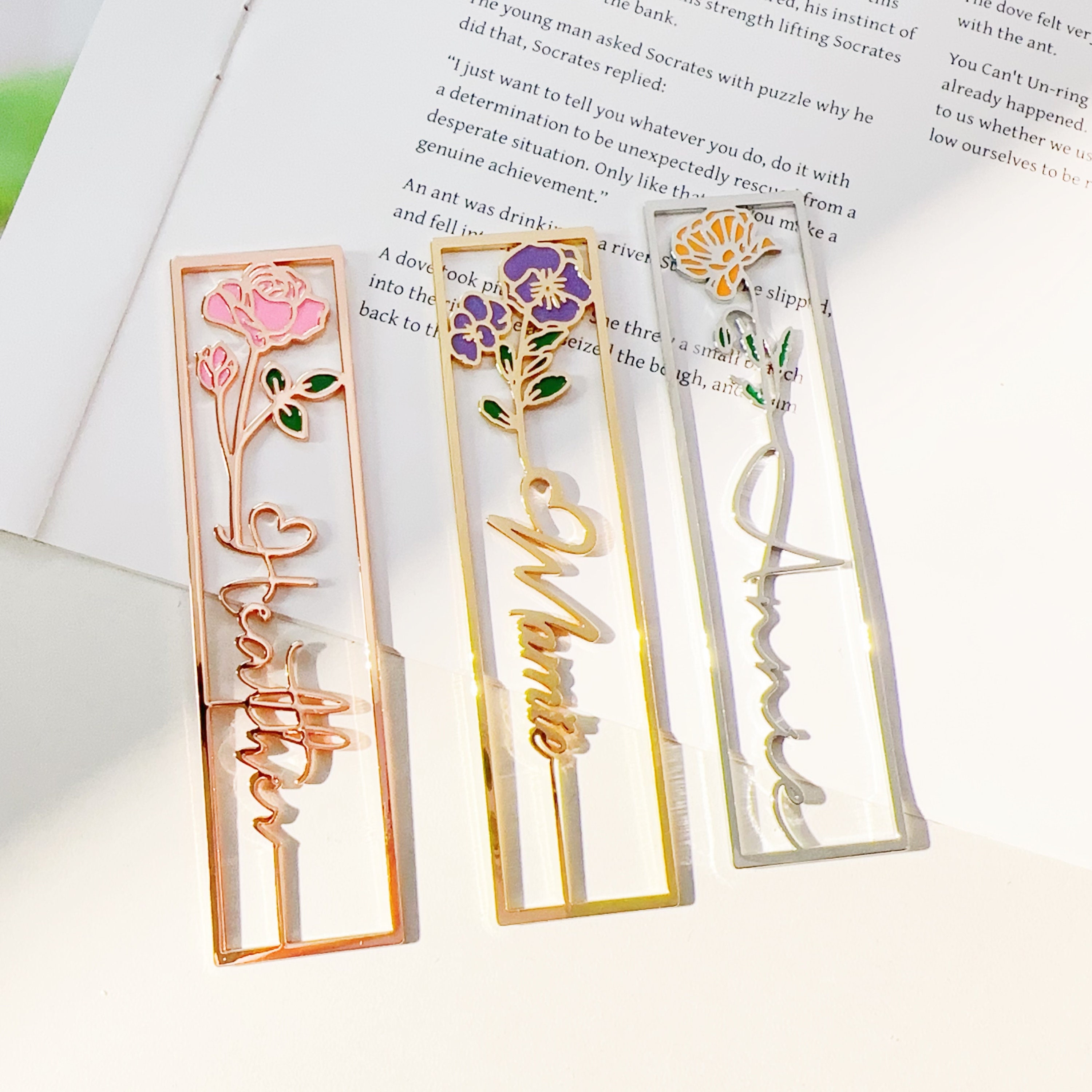 Personalized Birth Flower Bookmark: Stainless Steel Custom Name Gift - Etsy