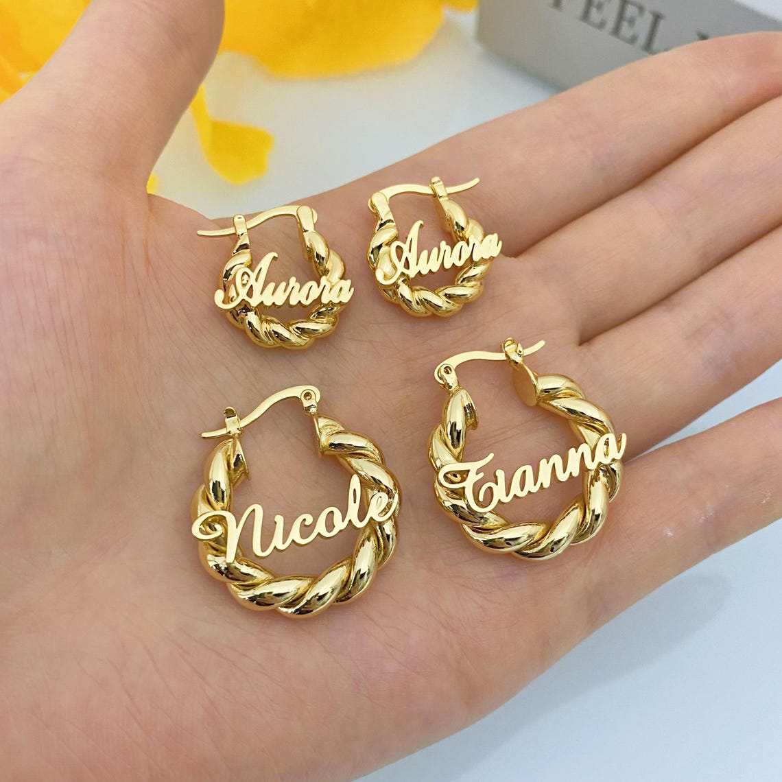 Custom Name Hoop Earrings: 14K Gold Personalized Jewelrym Kids Mini ...