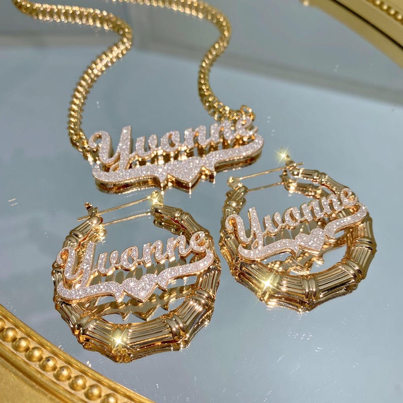 Custom Name Bamboo Earrings & Heart Necklace Set: Personalized Jewelry ...