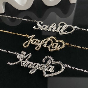 Script Diamond Name Necklace: Personalized Bling Nameplate With Heart ...