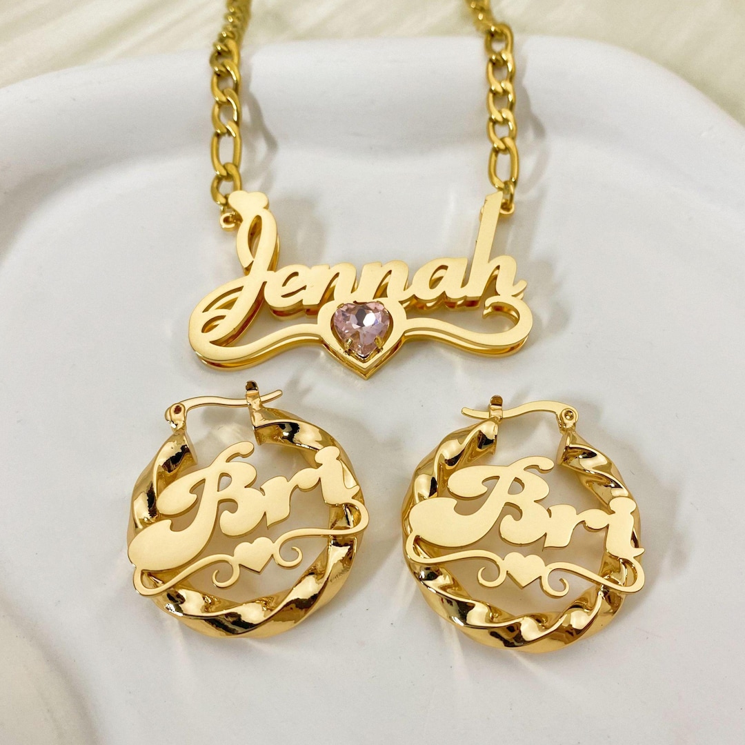 14K Gold Name Jewelry Set: Custom Nameplate Necklace & Twist Hoop ...
