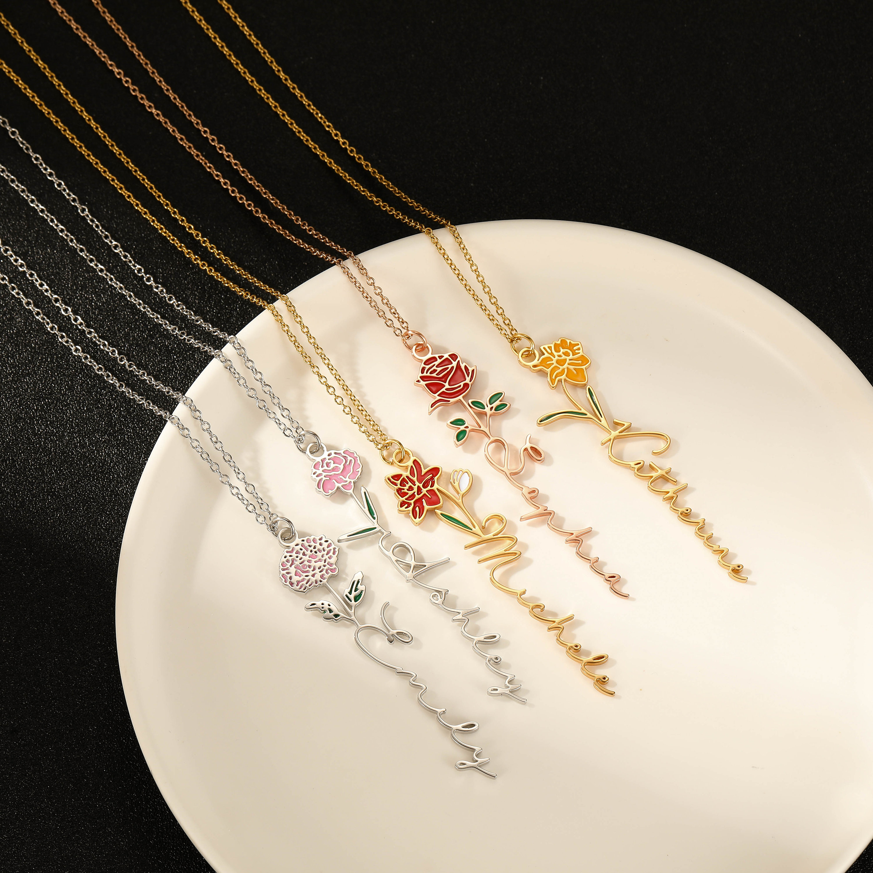 Personalized Birth Flower Necklace: Custom Nameplate Floral Jewelry - Etsy