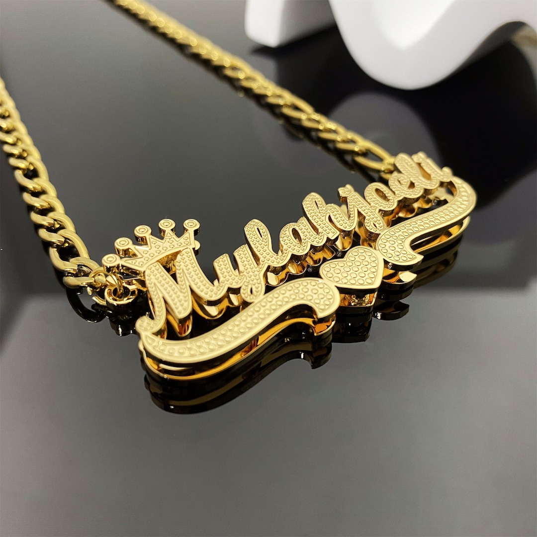 18K Gold Nameplate Necklace, Custom Double Name Plate, Name Necklace ...
