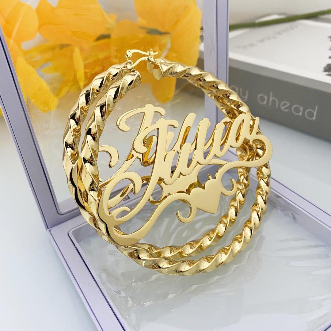 Personalized Name Hoop Earrings: Custom Twist Nameplate, Gold Silver ...