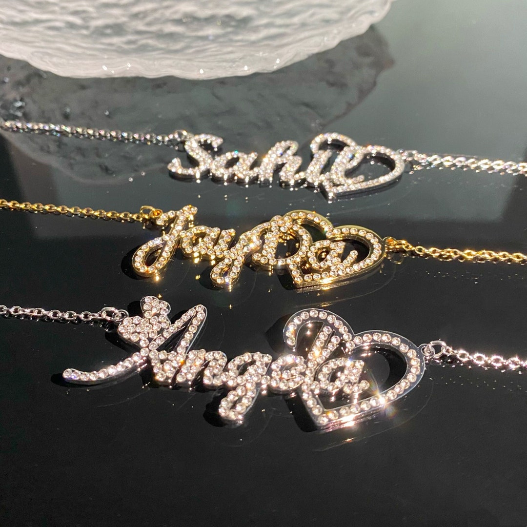 Script Diamond Name Necklace: Personalized Bling Nameplate With Heart, Party Necklace - Etsy