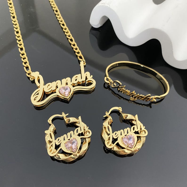 Custom Name Jewelry Set: Personalized Necklace, Twist Hoop Earrings ...