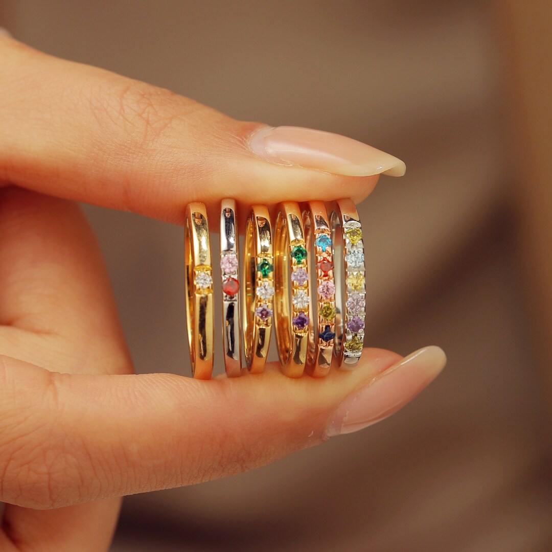 Dainty Round Birthstone Ring, Family Birthstone Ring, Rings for Women ...