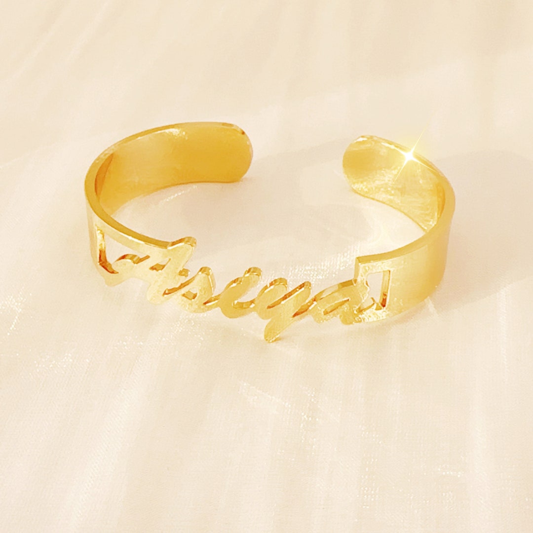 Personalized Bangle 18k Gold, Custom Name Bangle, Letter Bangle, Wide ...