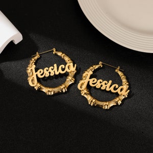 Custom Name Bamboo Hoop Earrings: 18k Gold Nameplate Hoops, Women ...