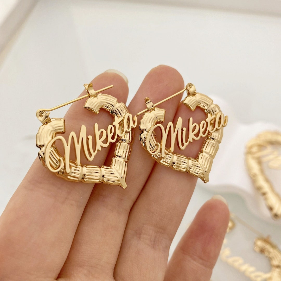 Personalized Kids Bamboo Hoops, Heart Bamboo Earring, Custom Name ...