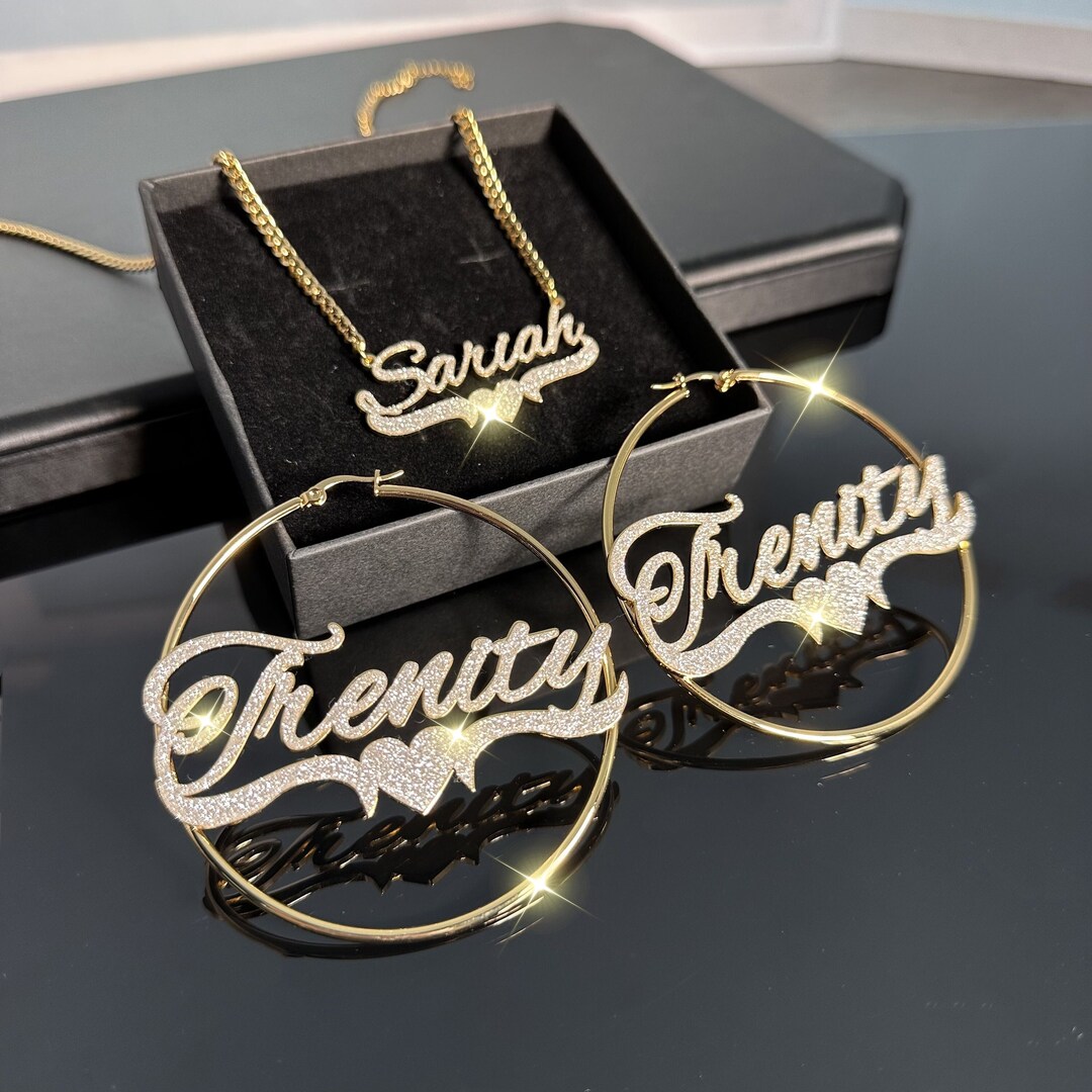 Custom Bling Name Jewelry Set: Personalized Gold Nameplate Necklace ...