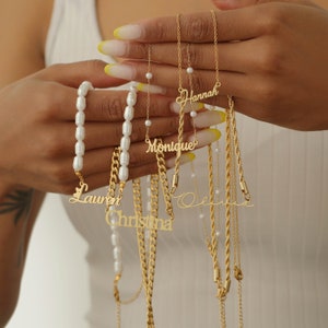 Personalized Pearl Chain Name Necklace: Custom 18K Gold Cursive Pendant ...
