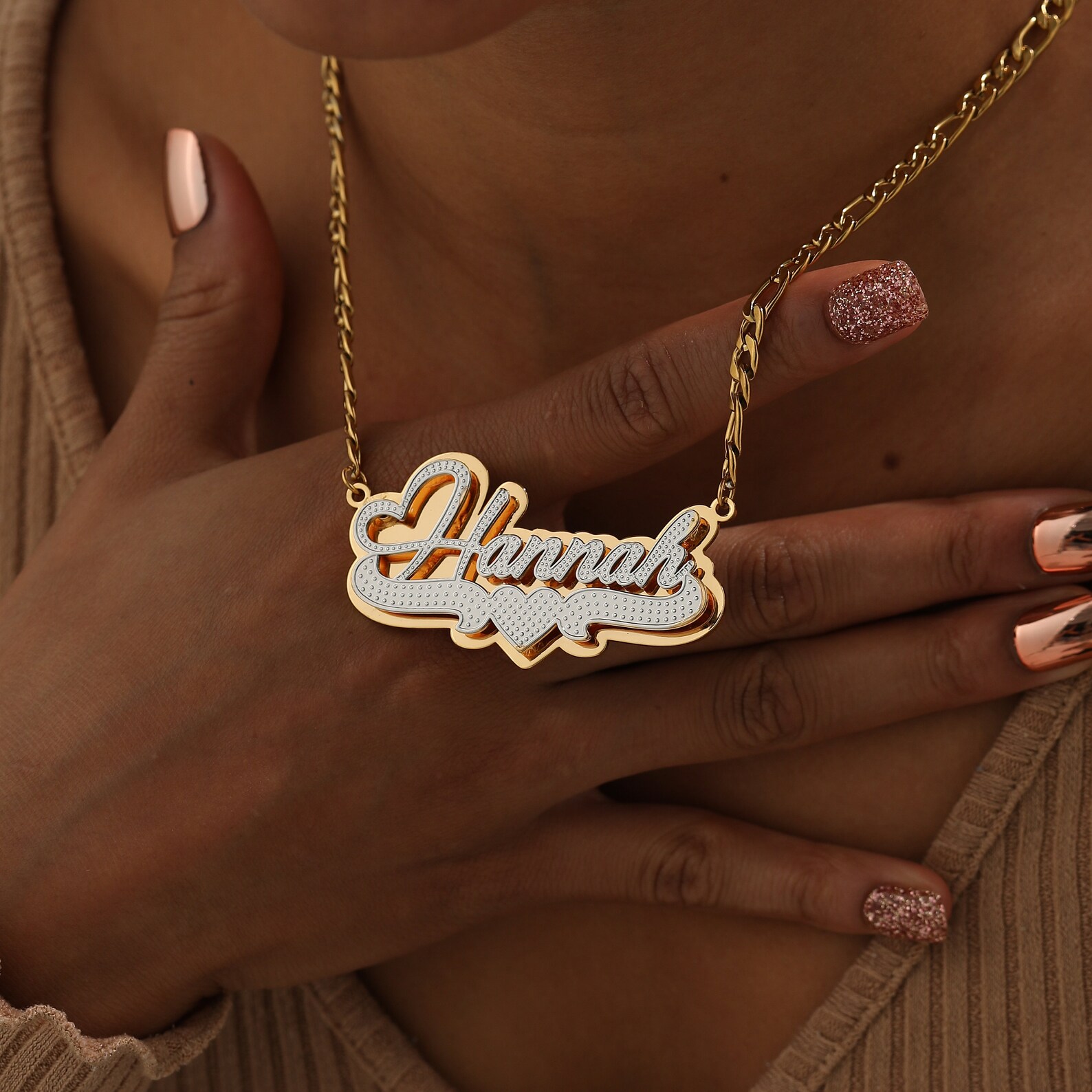 18K Gold Filled Nameplate Necklace: Two Tone Name Pendant, Personalized ...