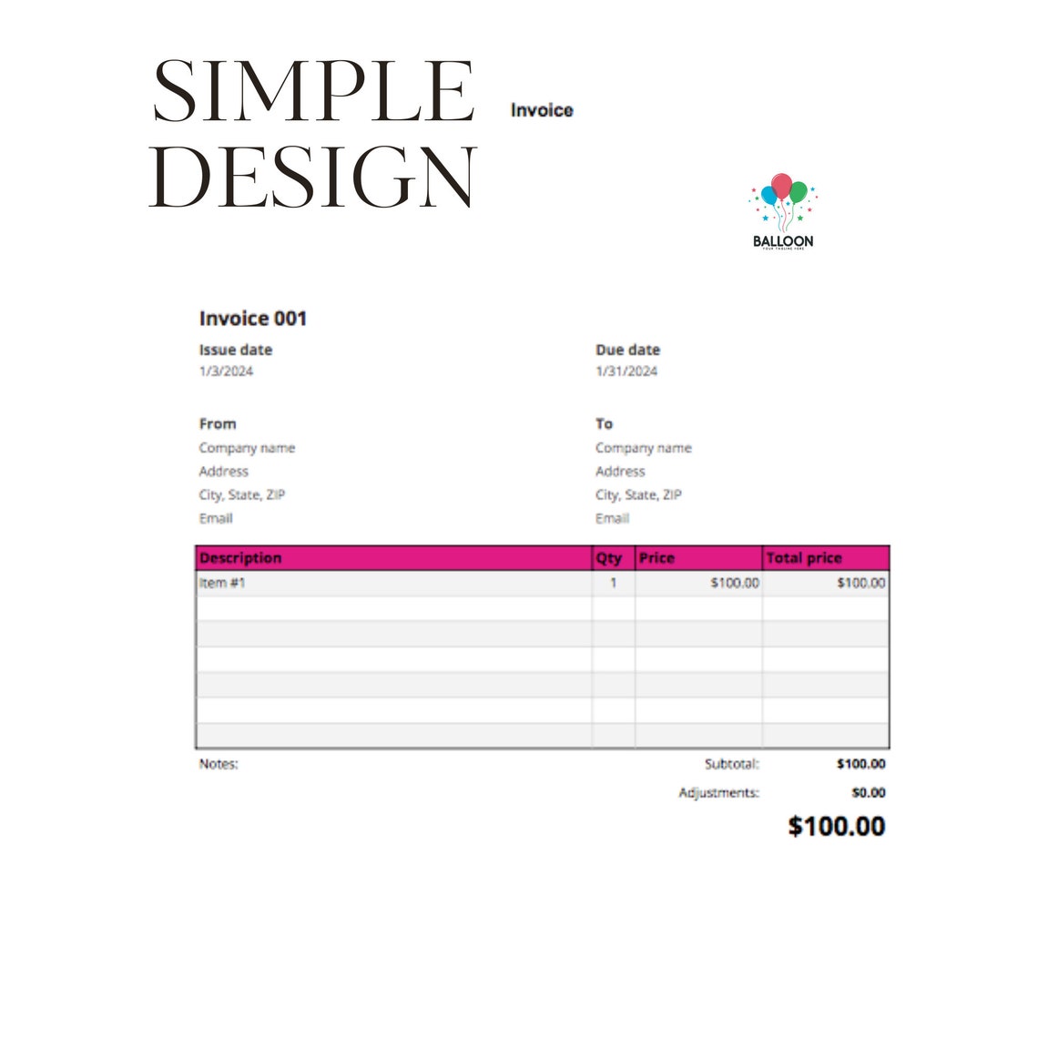 Balloon Decor Invoice Template - Printable A4 Invoice for Party ...