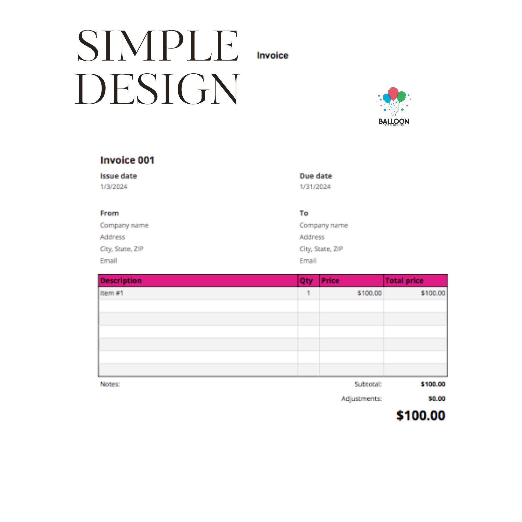 Balloon Decor Invoice Template - Printable A4 Invoice for Party ...