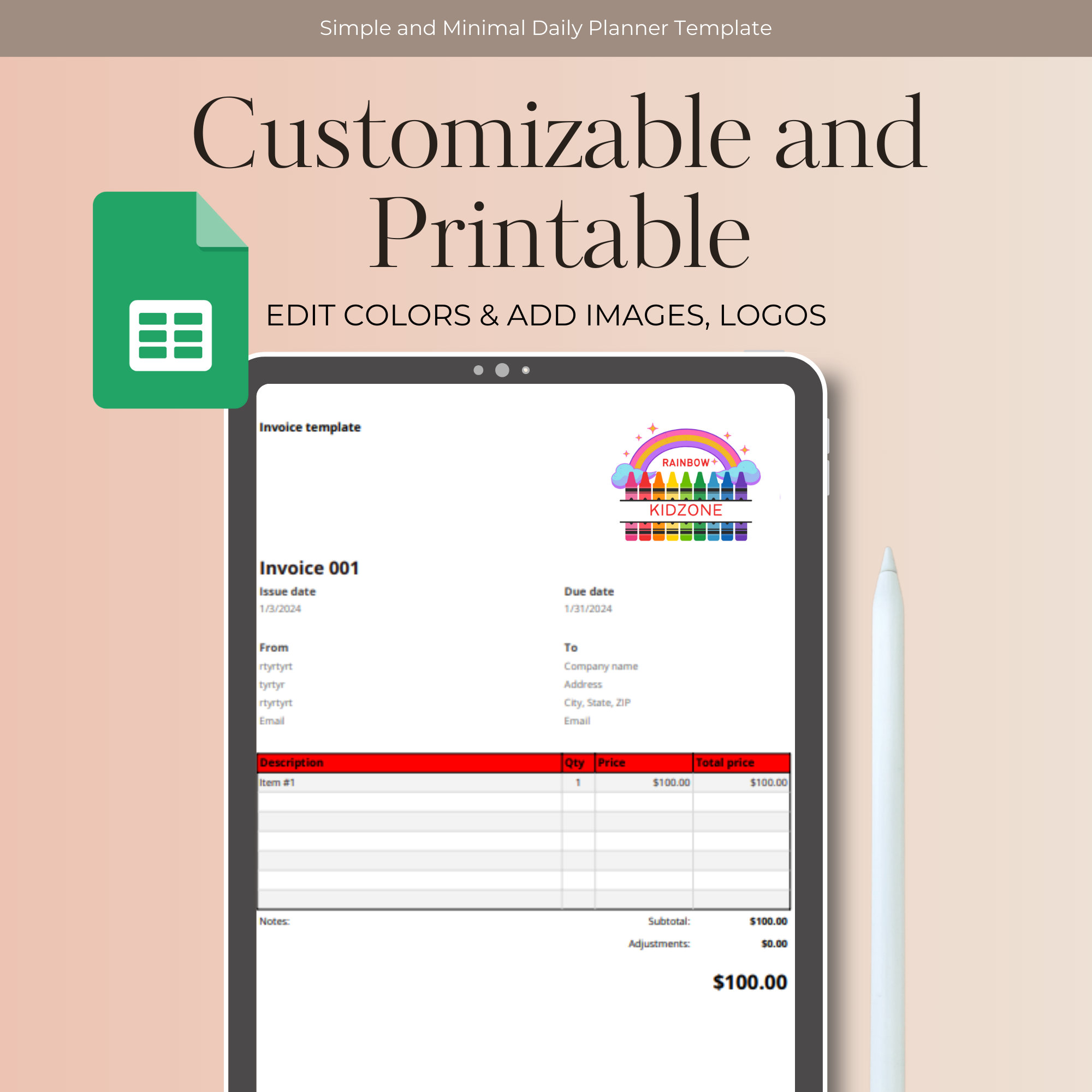 Editable XLS Childcare Invoice Template - Daycare Invoice - Instant ...