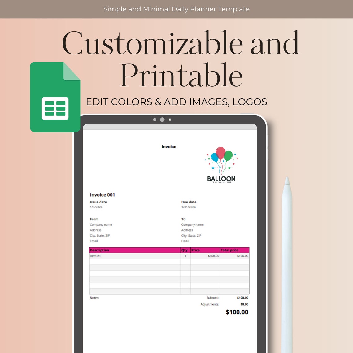 Balloon Decor Invoice Template - Printable A4 Invoice for Party ...