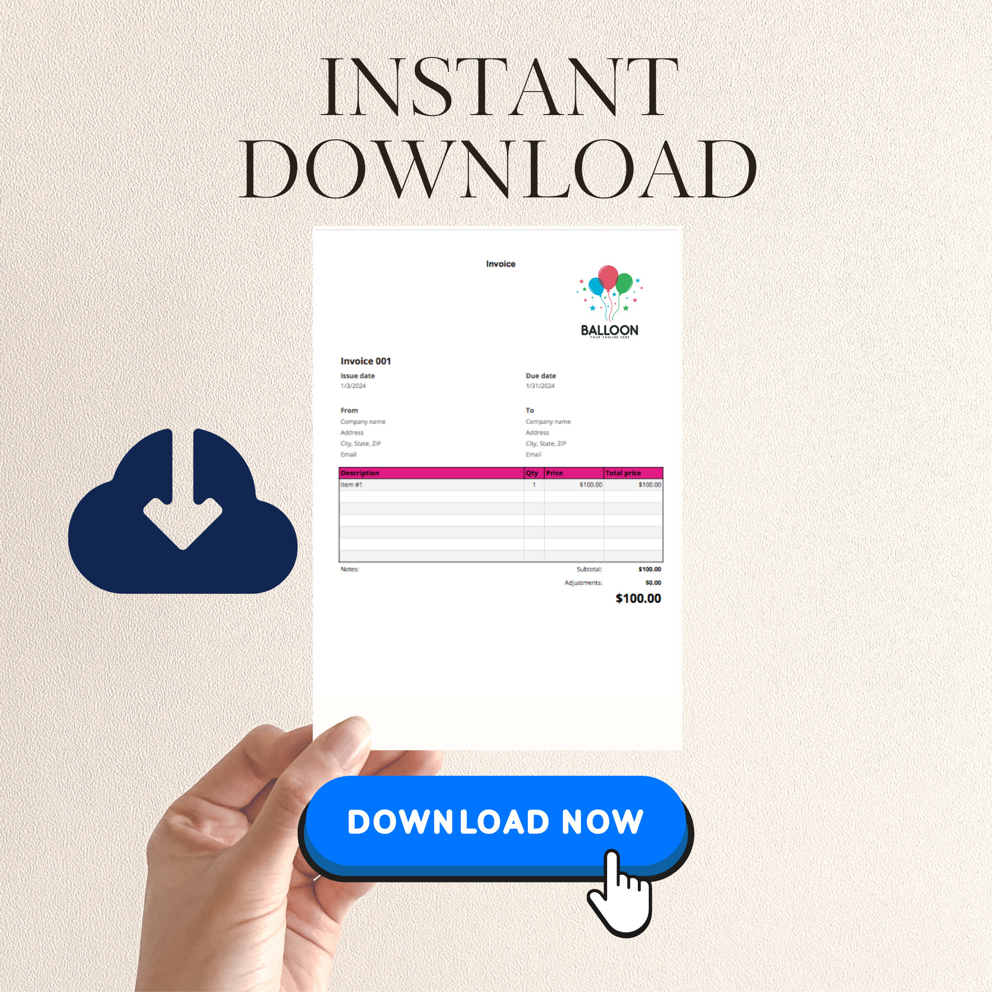 Balloon Decor Invoice Template - Printable A4 Invoice for Party ...