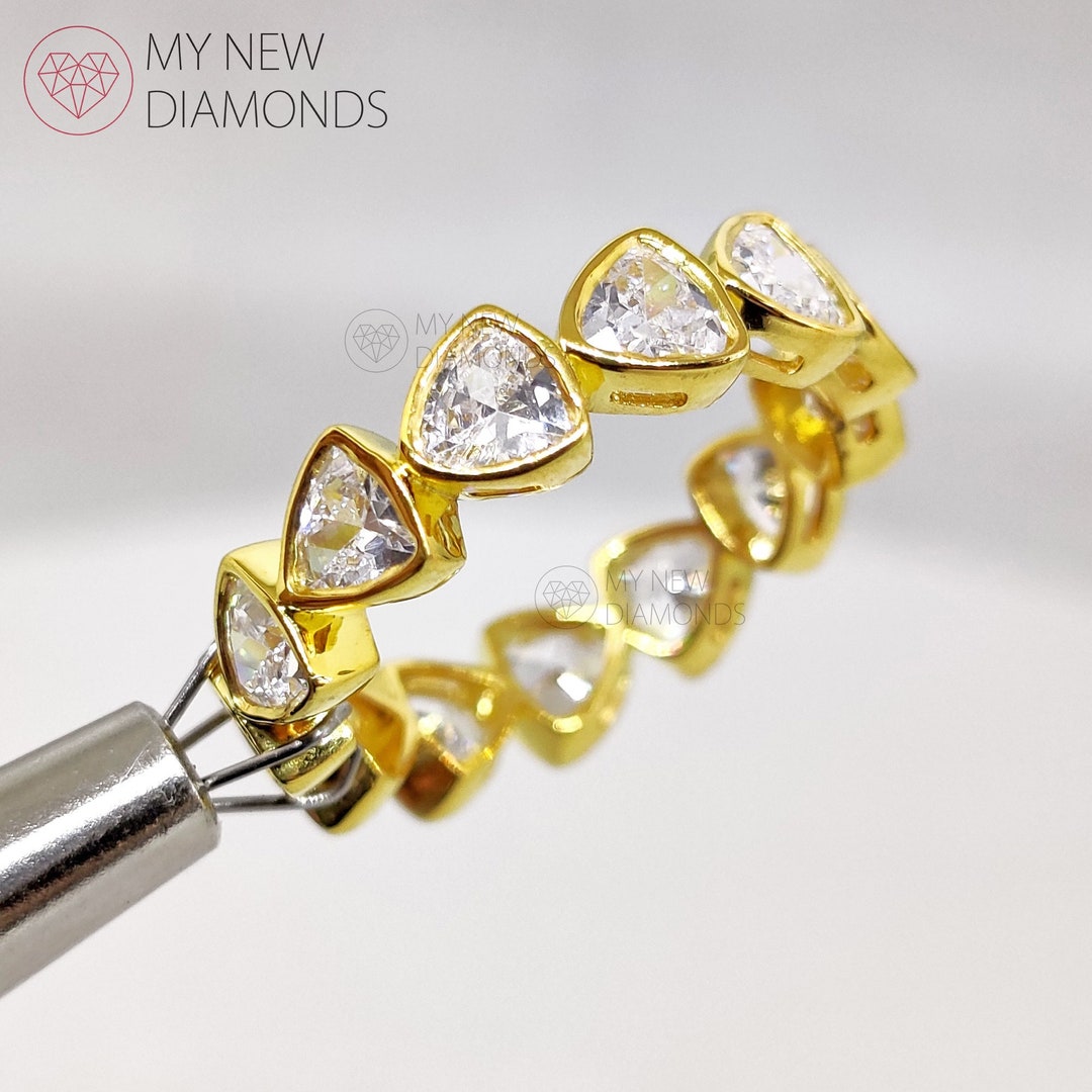 Trillion Moissanite Eternity Ring: Yellow Gold Bezel Set Wedding Band ...