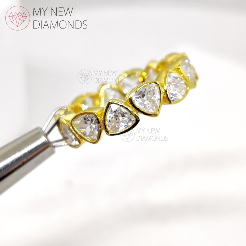 Trillion Cut Moissanite Eternity Ring, Bezel Set Wedding Band, Yellow ...