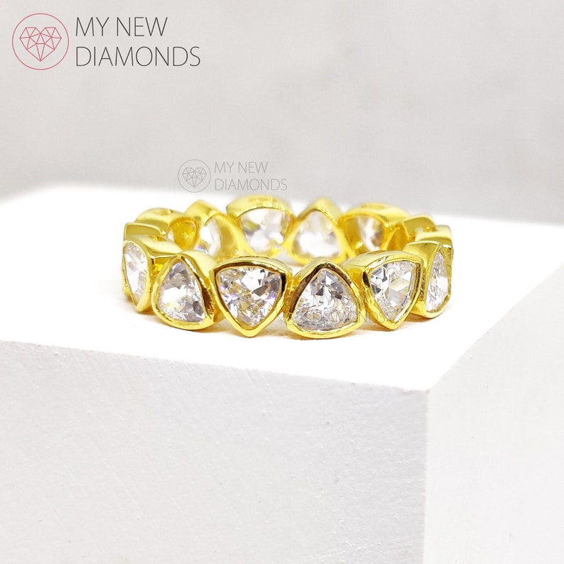 Trillion Cut Moissanite Eternity Ring, Bezel Set Wedding Band, Yellow ...