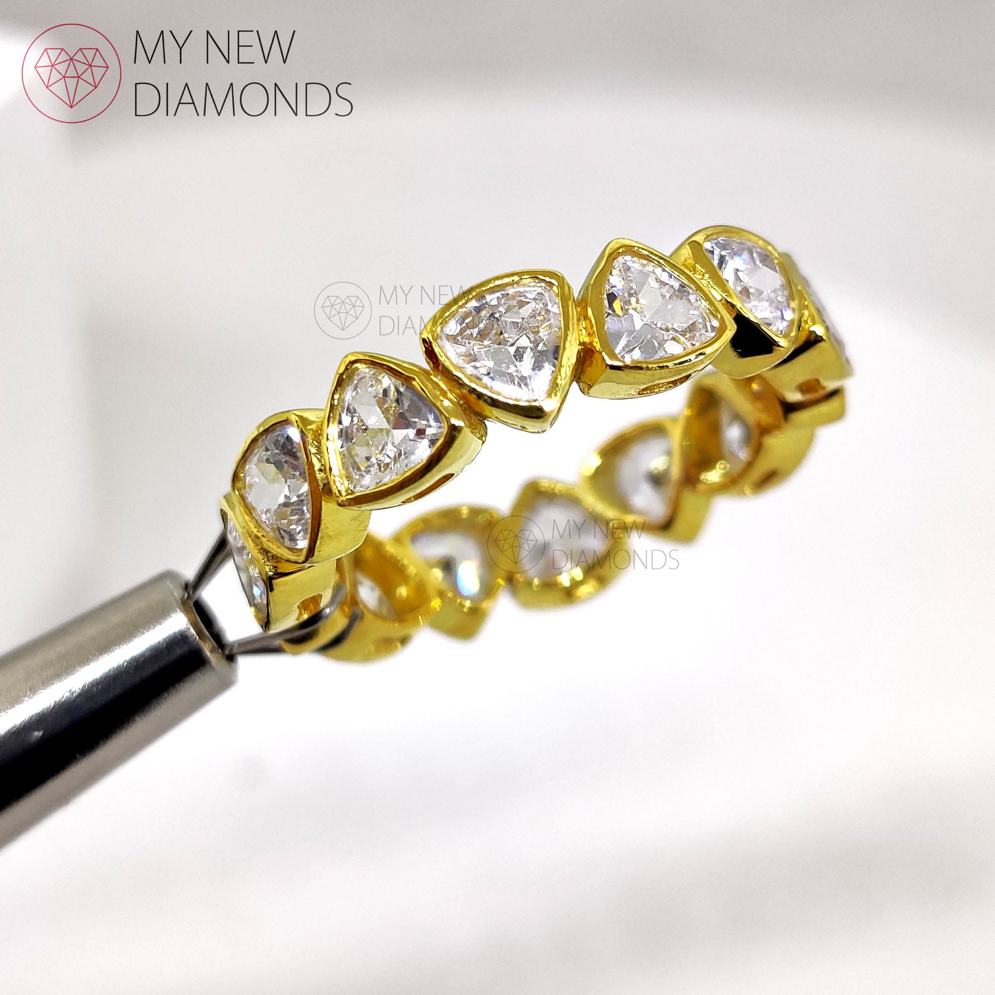 Trillion Cut Moissanite Eternity Ring, Bezel Set Wedding Band, Yellow ...