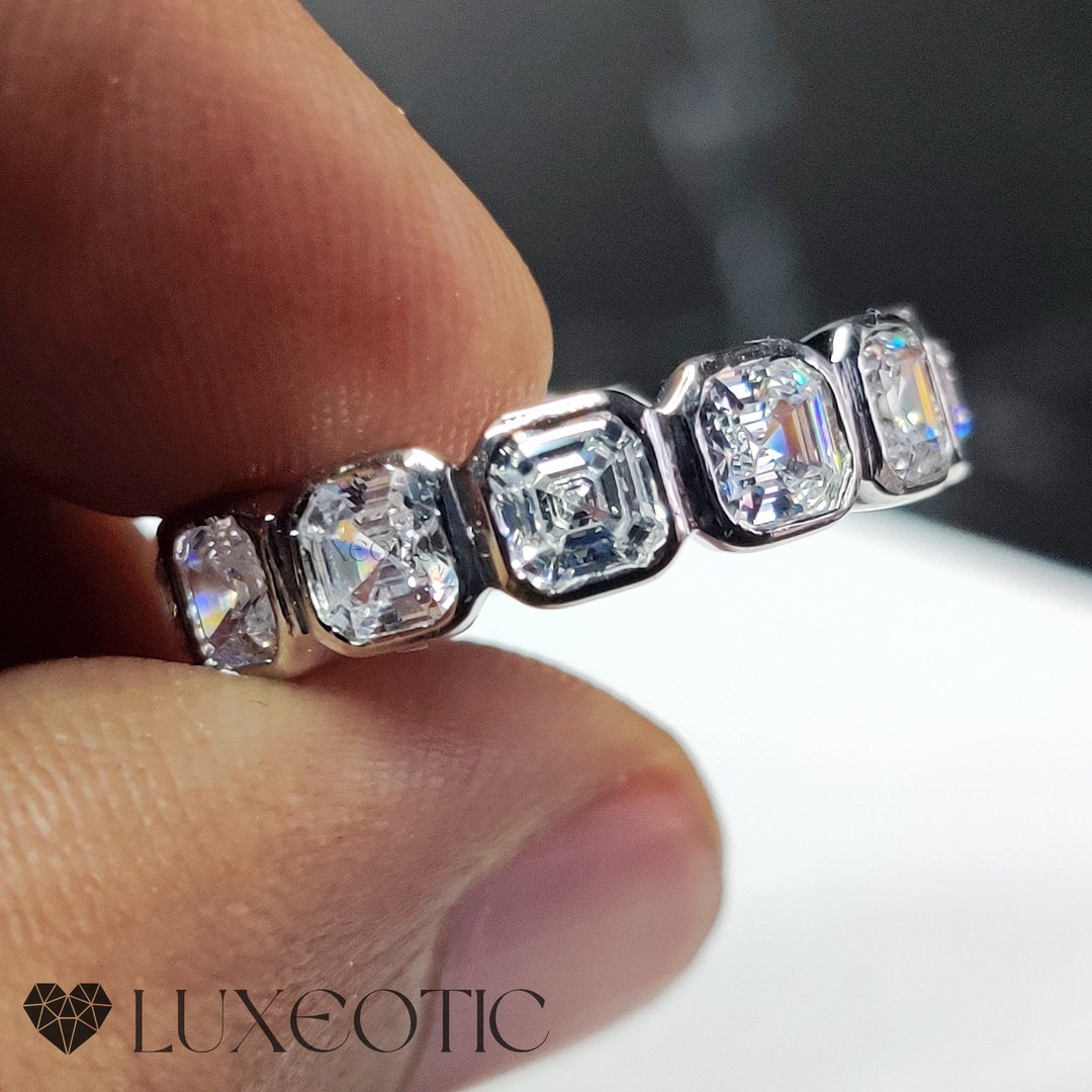Asscher Cut Moissanite Eternity Band, Sterling Silver Bezel Set Ring ...