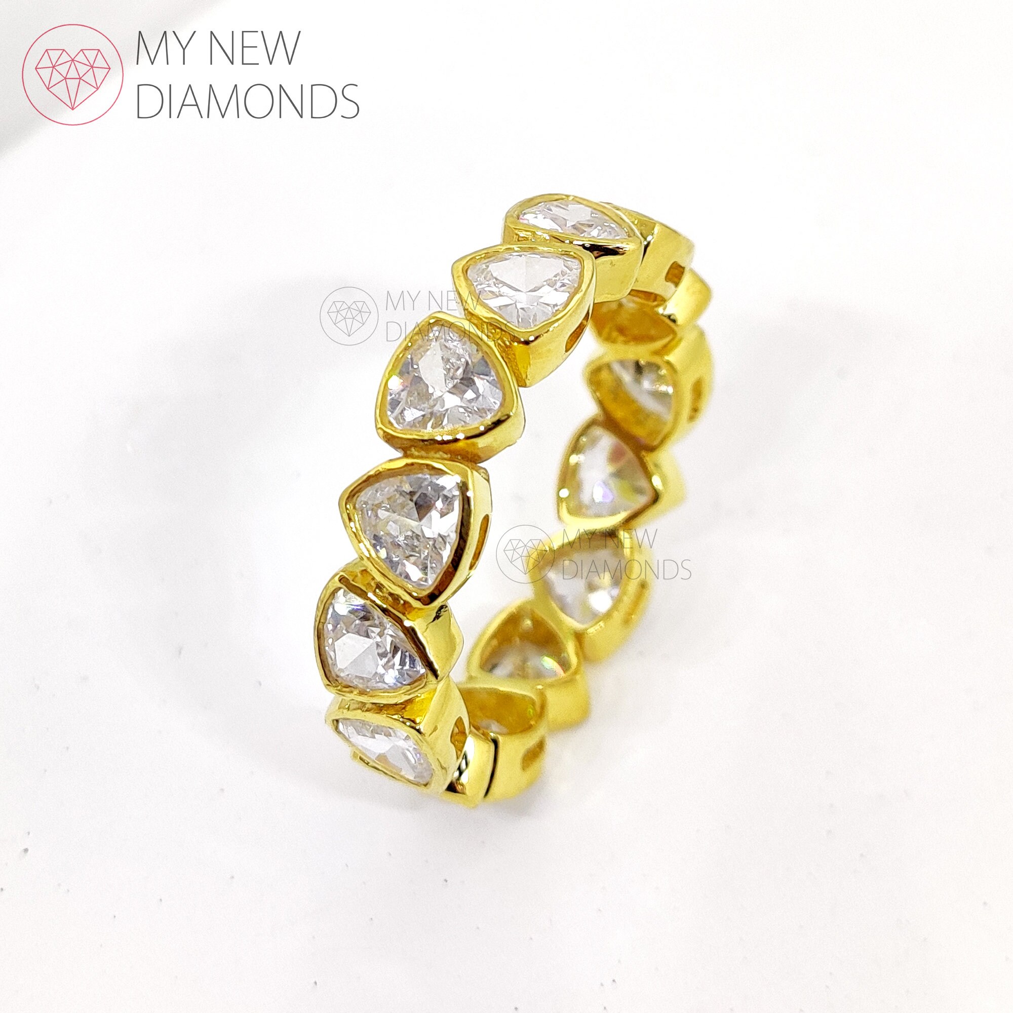 Trillion Cut Moissanite Eternity Ring, Bezel Set Wedding Band, Yellow ...