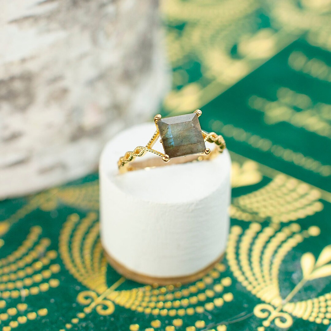 Princess Cut Labradorite 14K Gold Vermeil Dainty Ring, Stackable ...