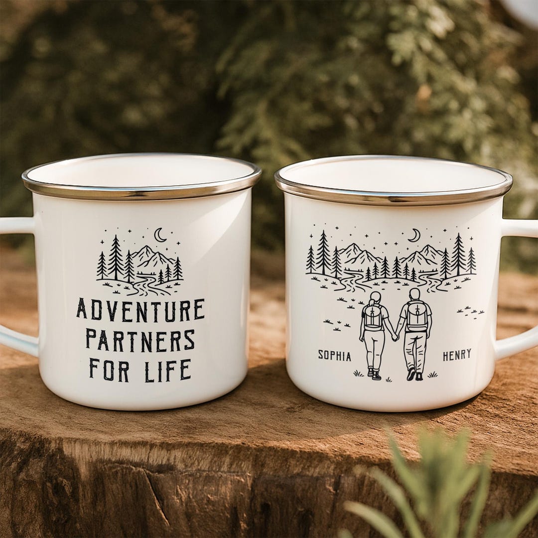 Adventure Partners for Life Camping Enamel Mug, Custom Couple Hiking ...