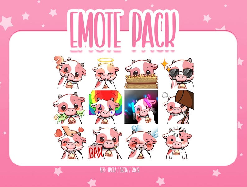 Cute Pink Cow Emote Set 2, Chibi Cow Twitch Emotes, Cute and Kawaii ...