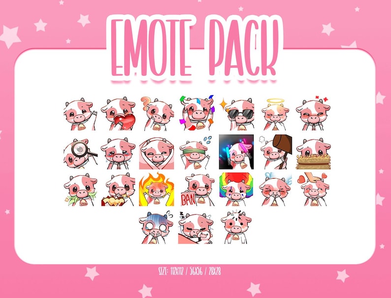 Cute Pink Cow Bundle Pack - 24 Emote, Chibi Cow Twitch Emotes, Cute and ...
