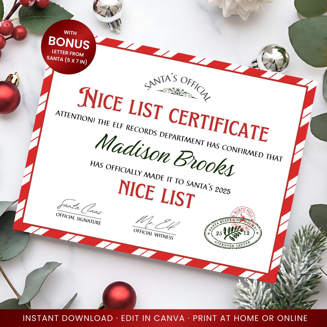 Printable Nice List Certificate Editable Santa Official Document Girl ...