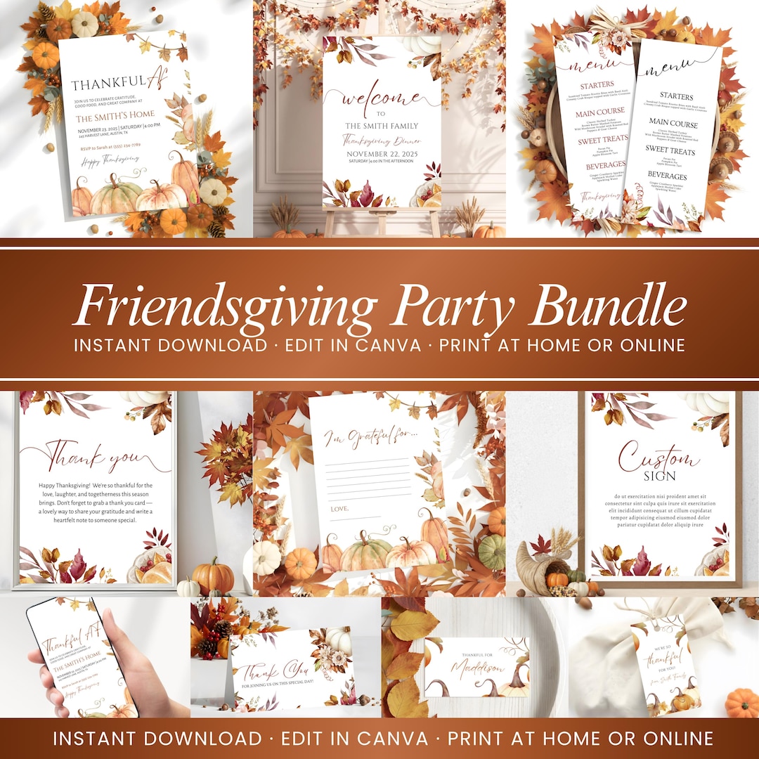 Editable Friendsgiving Party Thankful AF Decor Bundle Thanksgiving ...