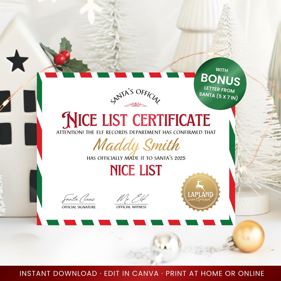 Printable Nice List Certificate Editable Santa Official Document Girl ...