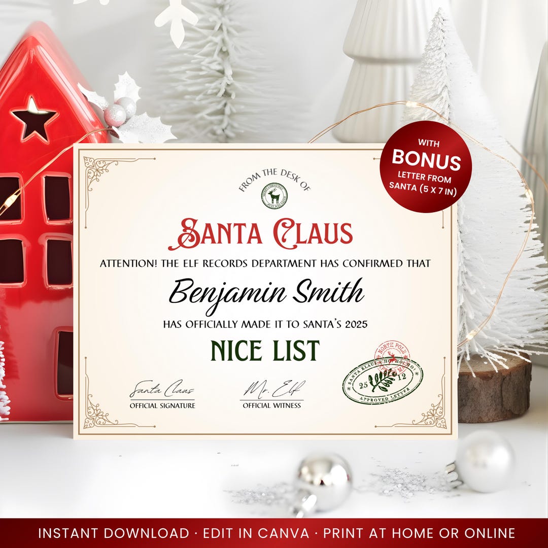 Printable Nice List Certificate Editable Santa Official Document Girl ...