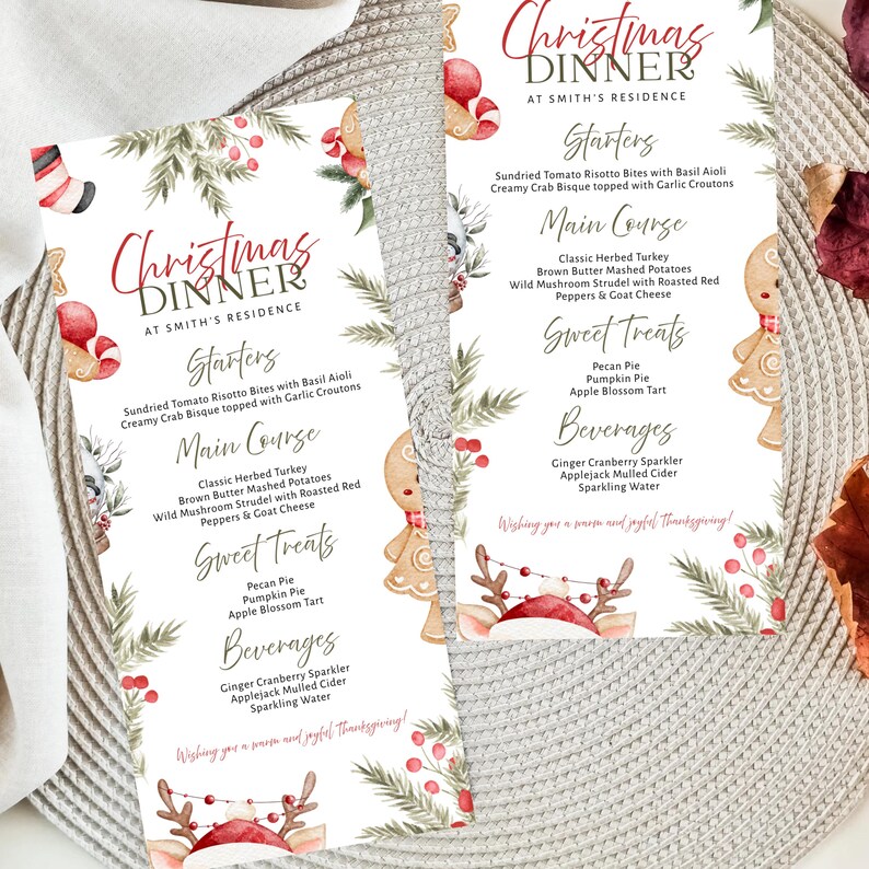 Editable Christmas Place Card & Menu Template | Printable Xmas Food ...