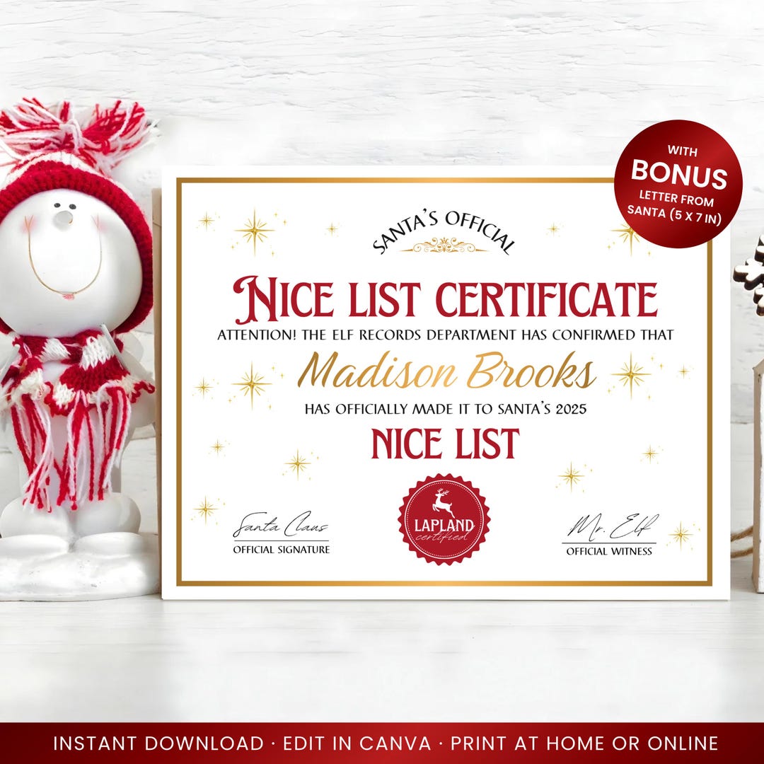 Printable Nice List Certificate Editable Santa Official Document Girl ...