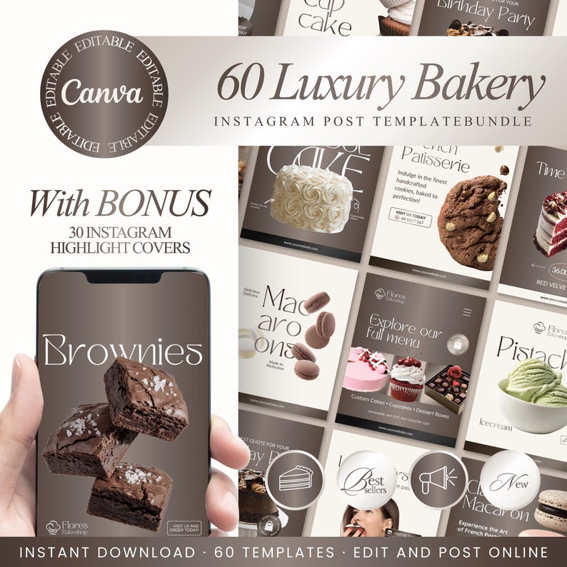 60 Luxury Bakery Instagram Template Canva | Editable Post and Story ...